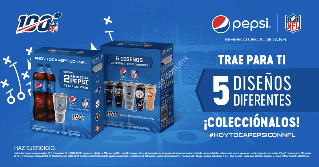 Promoción Pepsi NFL de vaso Gratis al comprar 2 refrescos de 1.5 L
