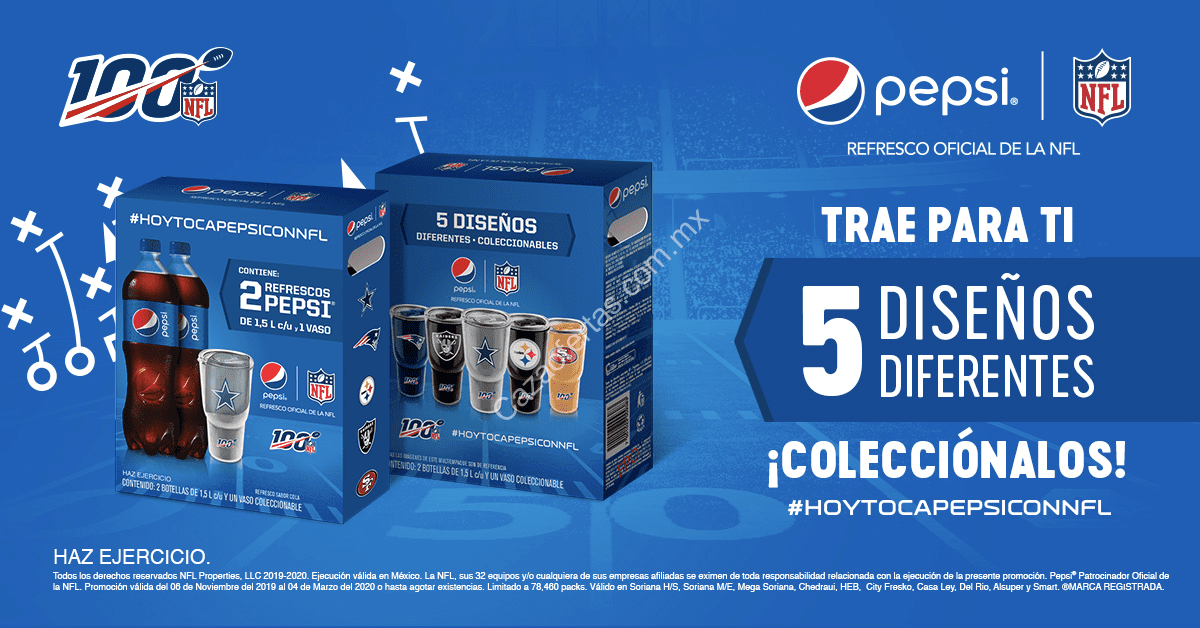 Promoción Pepsi NFL de vaso Gratis al comprar 2 refrescos de 1.5 L