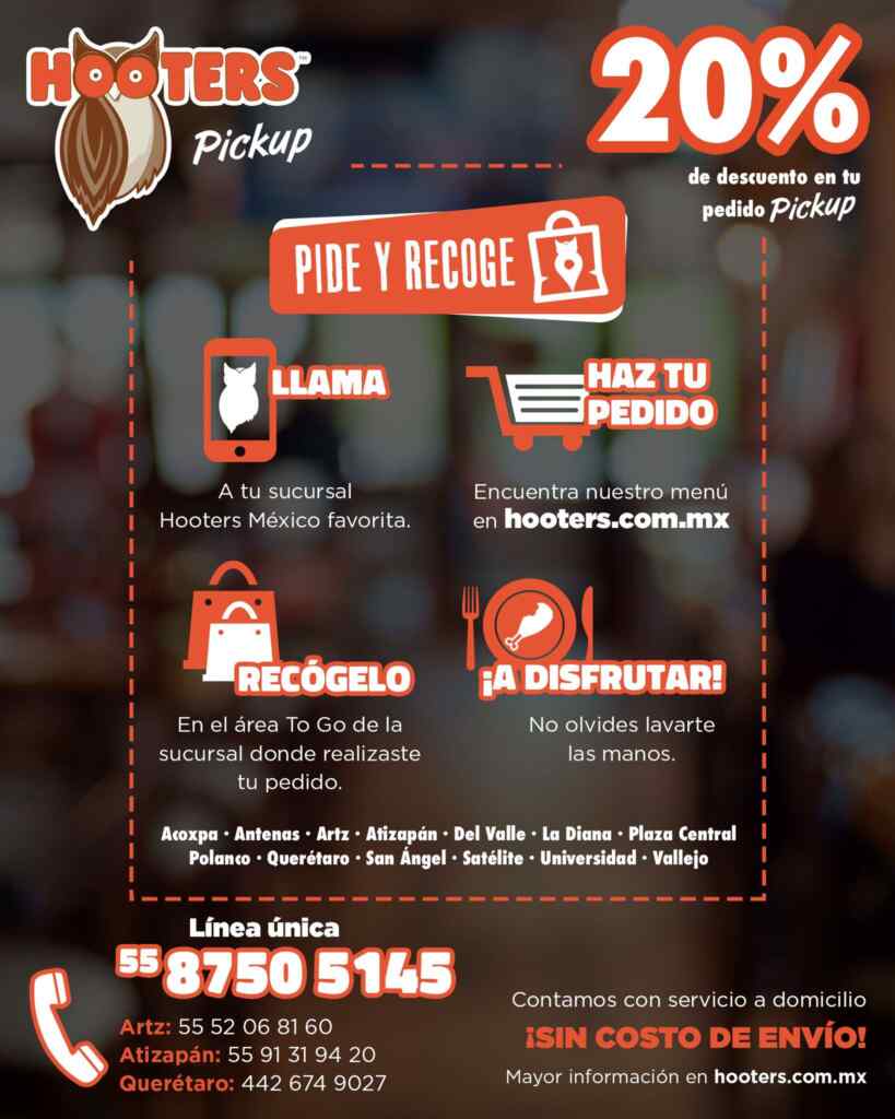 En Hooters 20% de descuento en servicio pick up en toda la carta