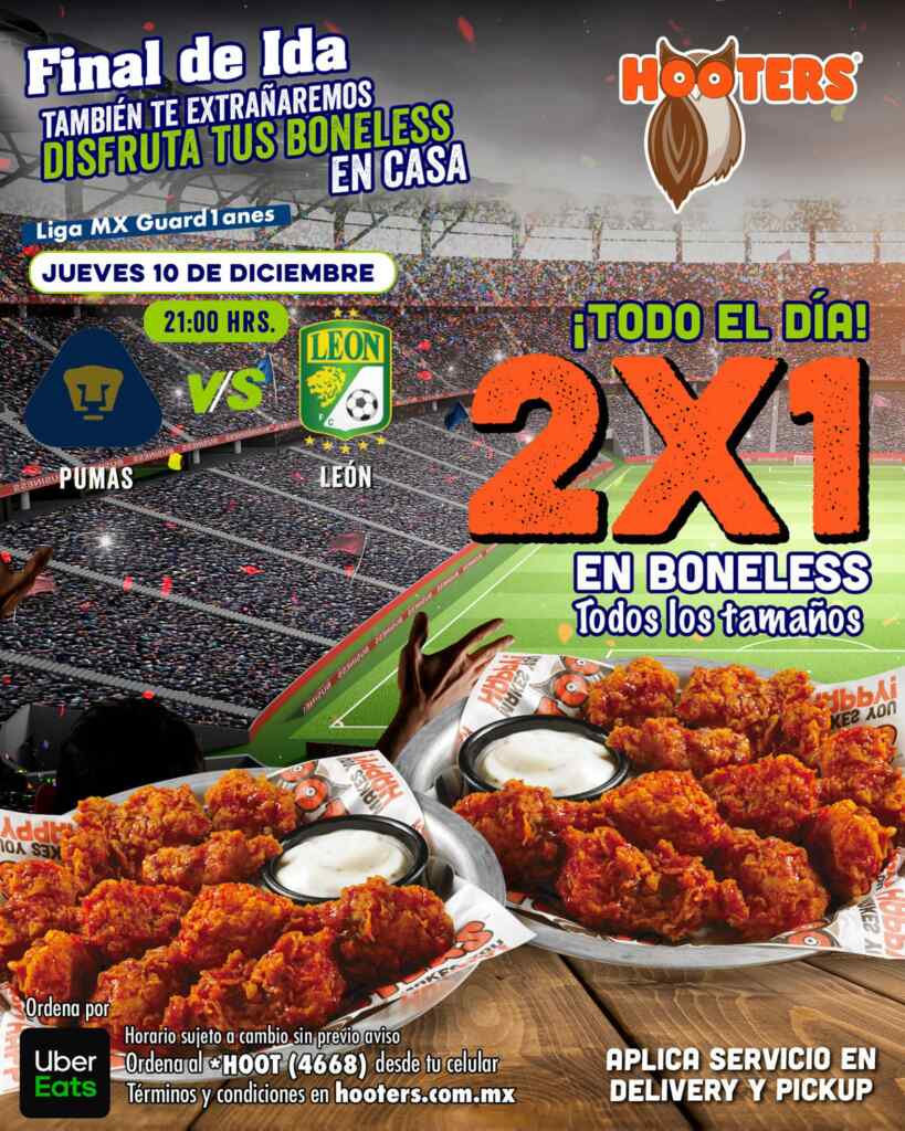 Promoción Hooters final Liga Mx: 2x1 en Boneless en delivery y pickup
