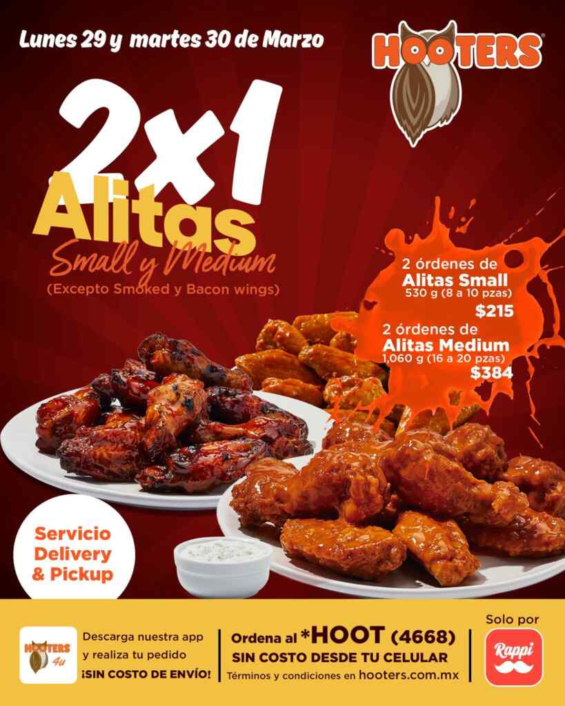 2x1 En Alitas En Hooters En Delivery Y Pickup El 29 Y 30 De Marzo