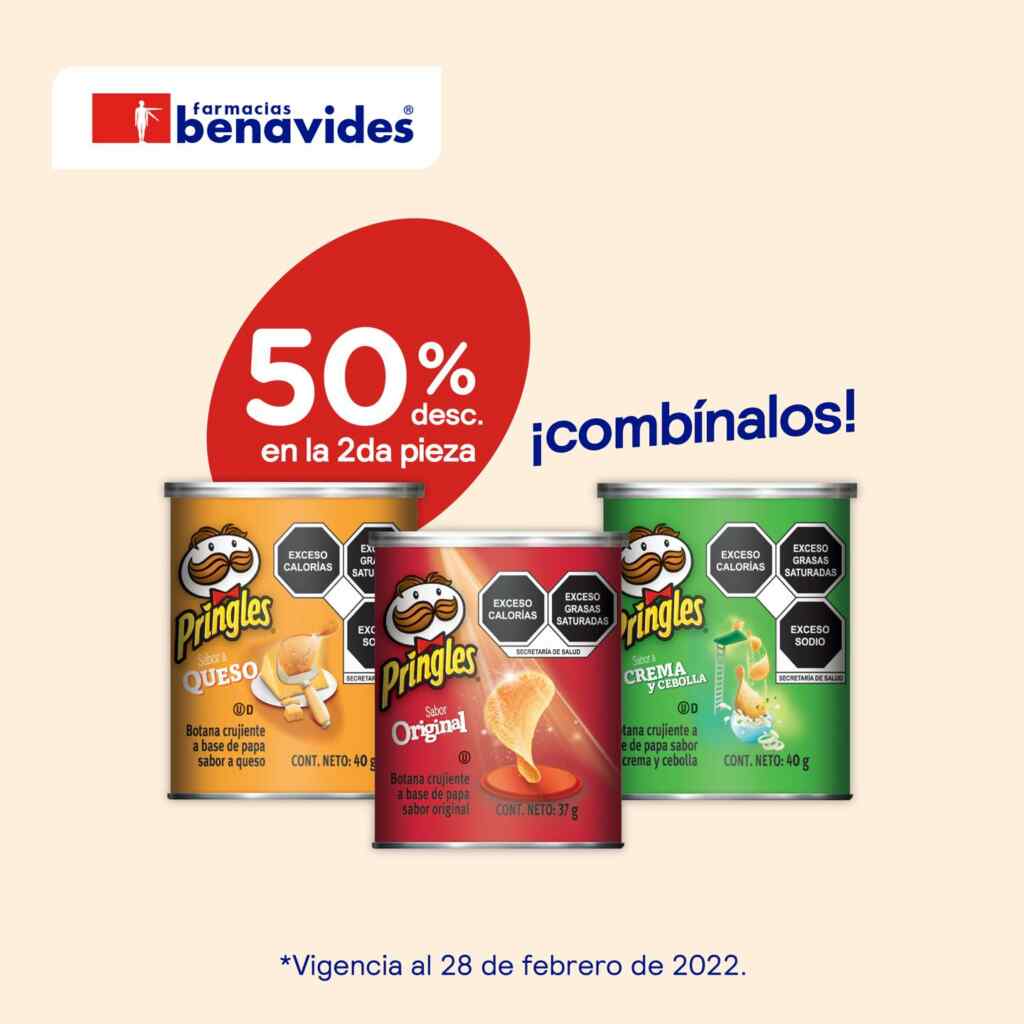En Farmacias Benavides 2do a mitad de precio en Pringles y más