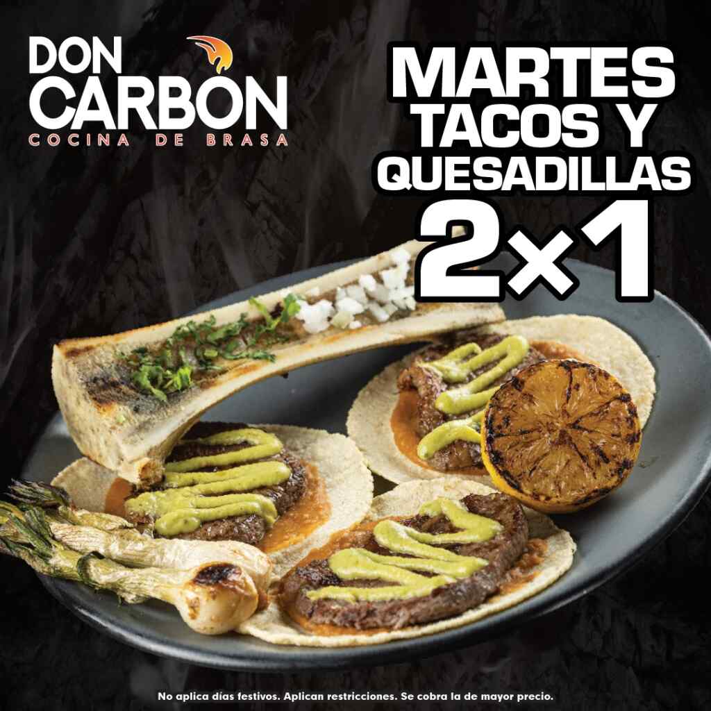 En Don Carbón 2x1 en tacos, alitas, boneless, cerveza y más dependiendo del día
