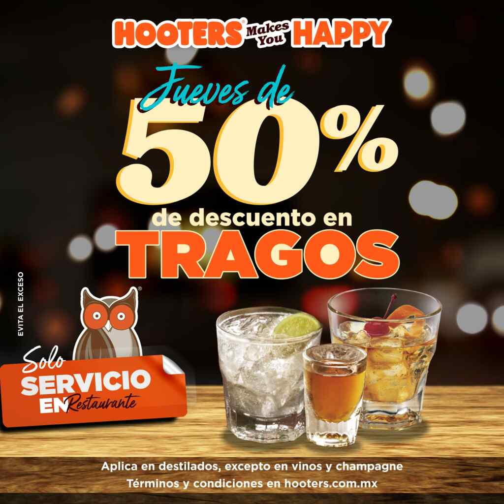 Promo Hooters Jueves de 50% de descuento en tragos y tarros a $59